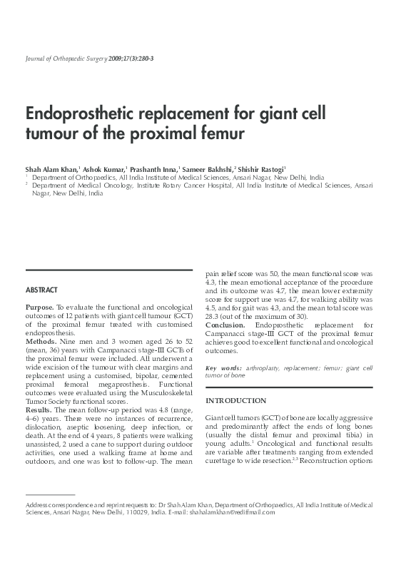 (PDF) Endoprosthetic replacement for giant cell tumour of the proximal ...