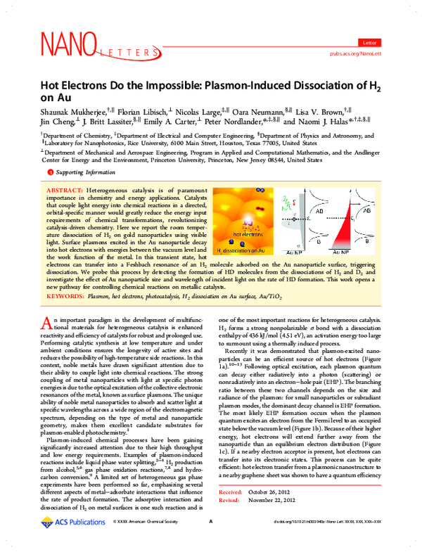 (PDF) Hot Electrons Do the Impossible: Plasmon-Induced Dissociation of ...