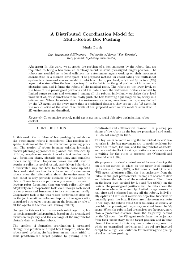 Pdf A Distributed Coordination Model For Multi Robot Box Pushing