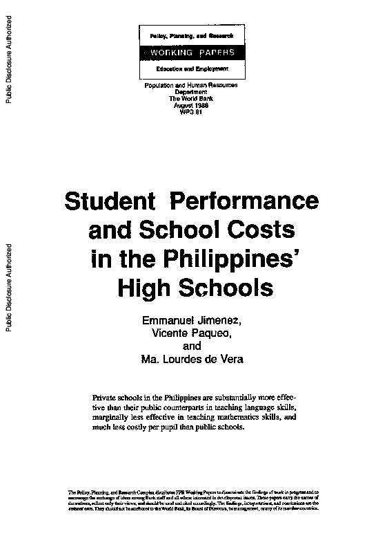 (PDF) Student performance and school costs in the Philippines' high schools