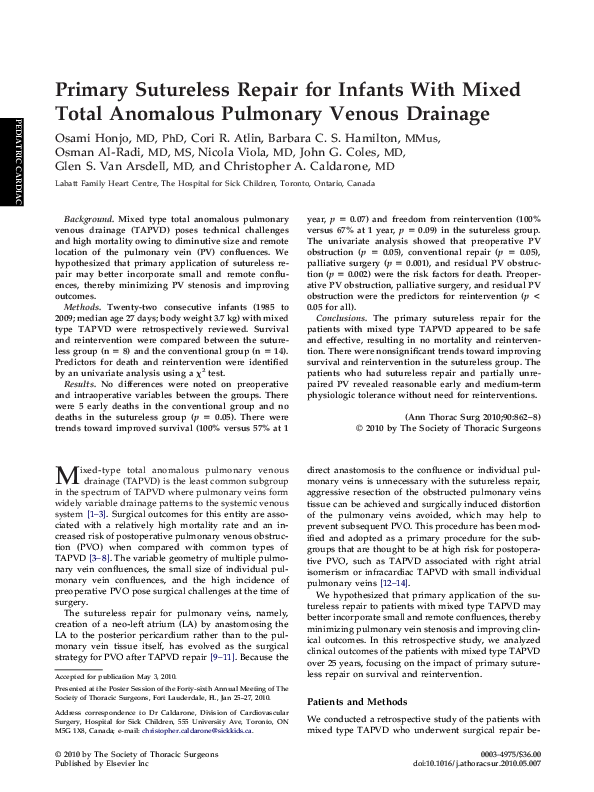 (PDF) Primary Sutureless Repair for Infants With Mixed Total Anomalous ...