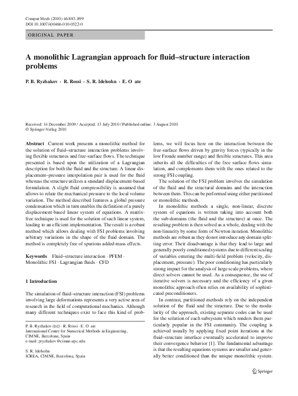 (PDF) A monolithic Lagrangian approach for fluid–structure interaction problems