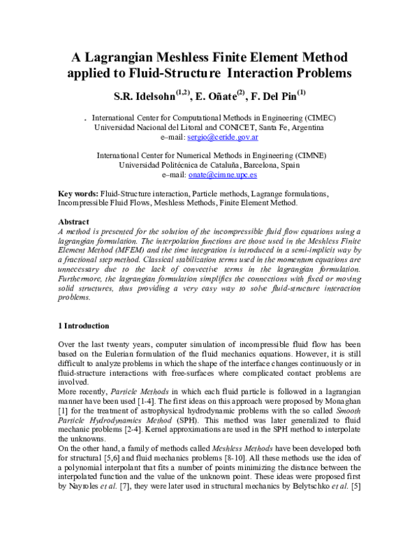 Pdf A Lagrangian Meshless Finite Element Method Applied To Fluid Structure Interaction
