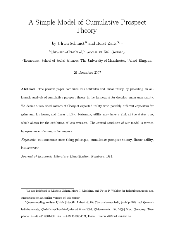 (PDF) A simple model of cumulative prospect theory