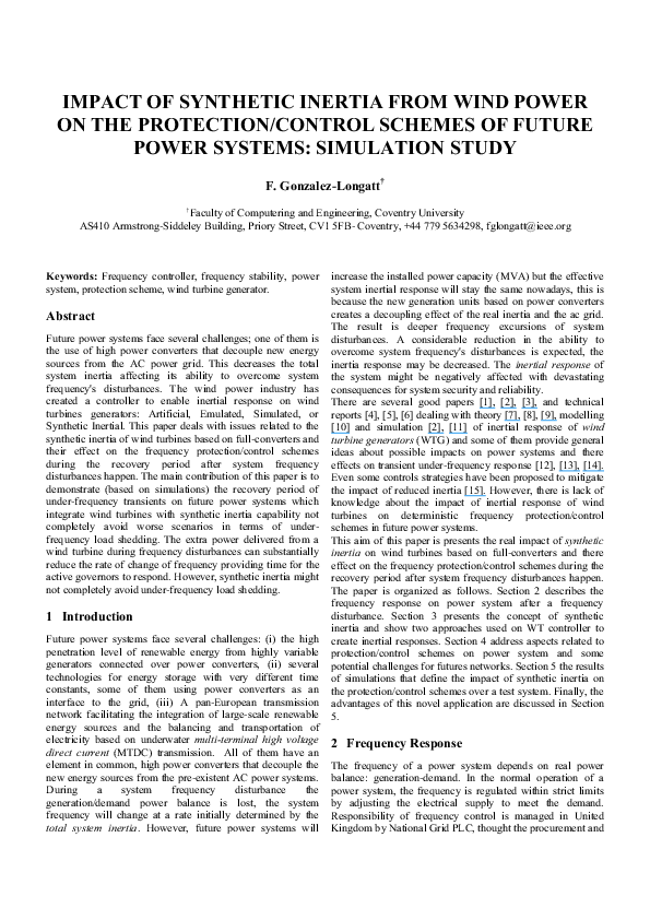 (PDF) Impact of synthetic inertia from wind power on the protection/control schemes of future ...