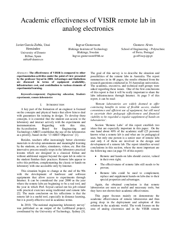 (PDF) Academic effectiveness of VISIR remote lab in analog electronics