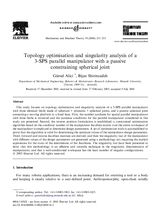 Pdf Topology Optimisation And Singularity Analysis Of A 3 Sps Parallel Manipulator With A