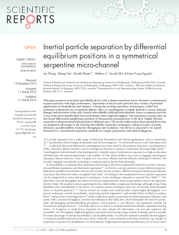 (PDF) Inertial particle separation by differential equilibrium positions in a symmetrical ...