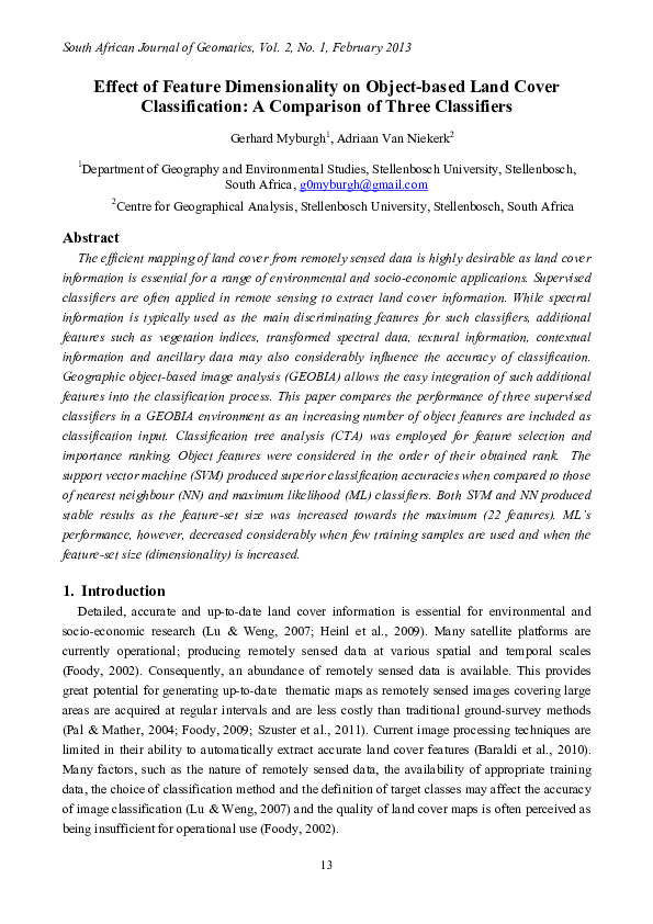 Pdf Effect Of Feature Dimensionality On Object Based Land Cover Classification A Comparison