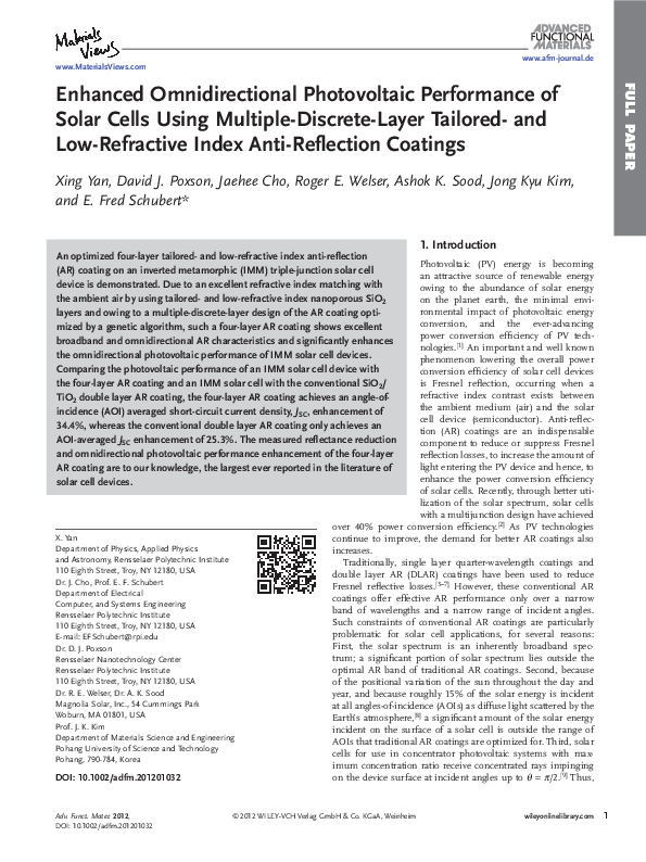 (PDF) Enhanced Omnidirectional Photovoltaic Performance of Solar Cells ...