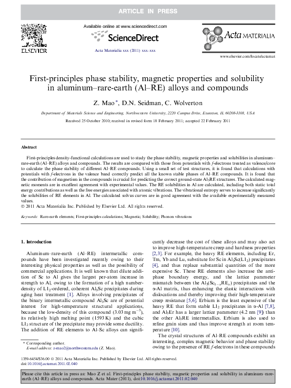(PDF) First-principles phase stability, magnetic properties and solubility in aluminum–rare ...