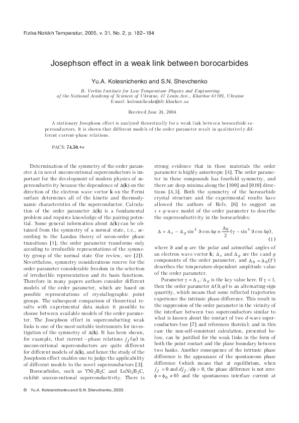 (PDF) Josephson effect in a weak link between borocarbides