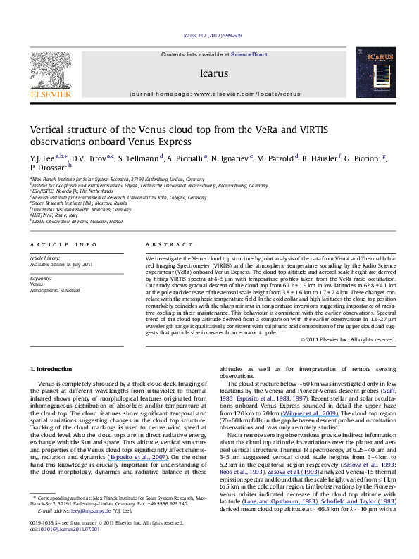 (PDF) Vertical structure of the Venus cloud top from the VeRa and ...