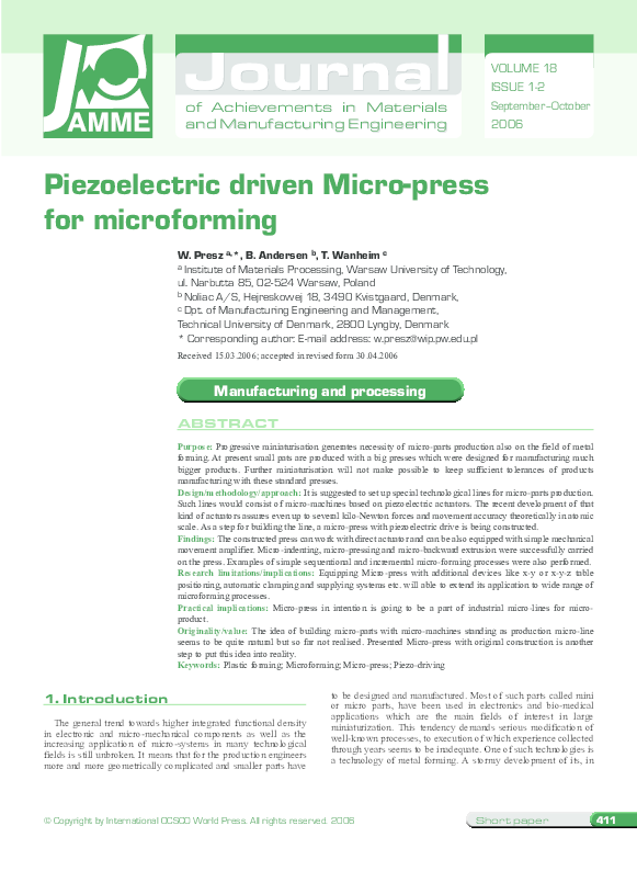 (PDF) Piezoelectric driven Micro-press for microforming