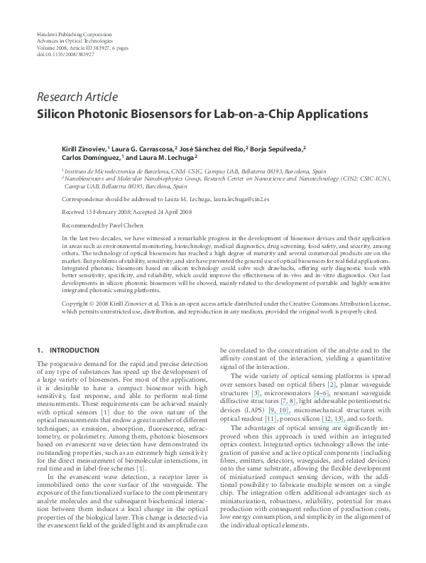 (PDF) Silicon Photonic Biosensors for Lab-on-a-Chip Applications