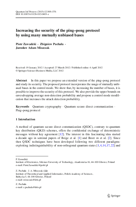 (PDF) Increasing the security of the ping–pong protocol by using many mutually unbiased bases ...