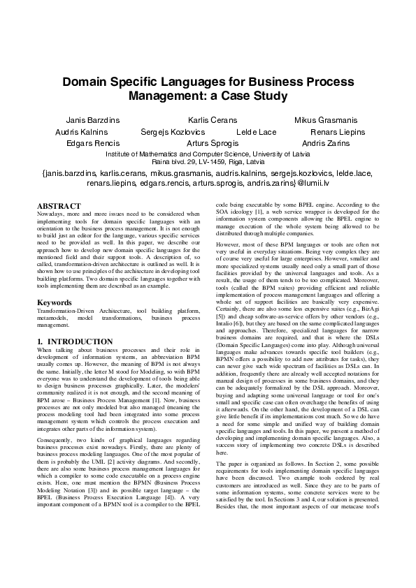 (PDF) Domain specific languages for business process management: a case study | Jānis Bārzdiņš ...