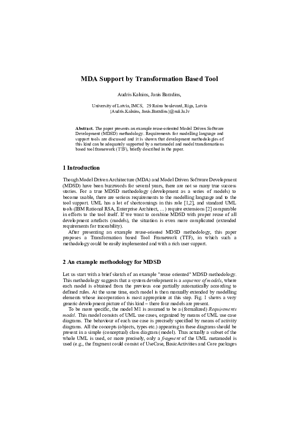(PDF) MDA Support by Transformation Based Tool