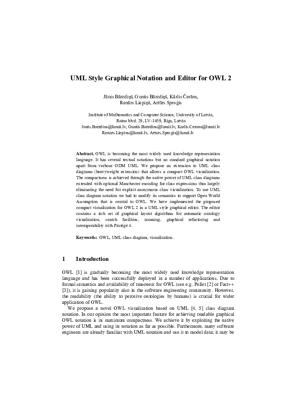 (PDF) UML Style Graphical Notation and Editor for OWL 2