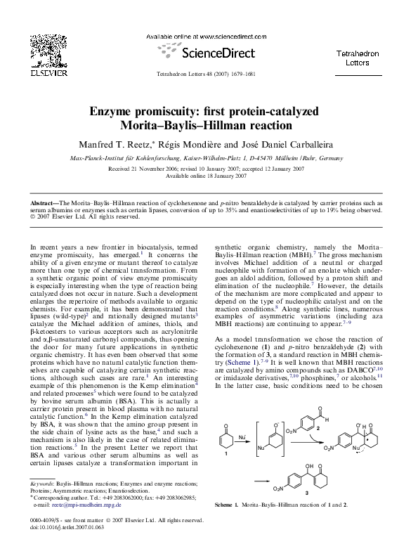 (PDF) Enzyme promiscuity: first protein-catalyzed Morita–Baylis–Hillman reaction