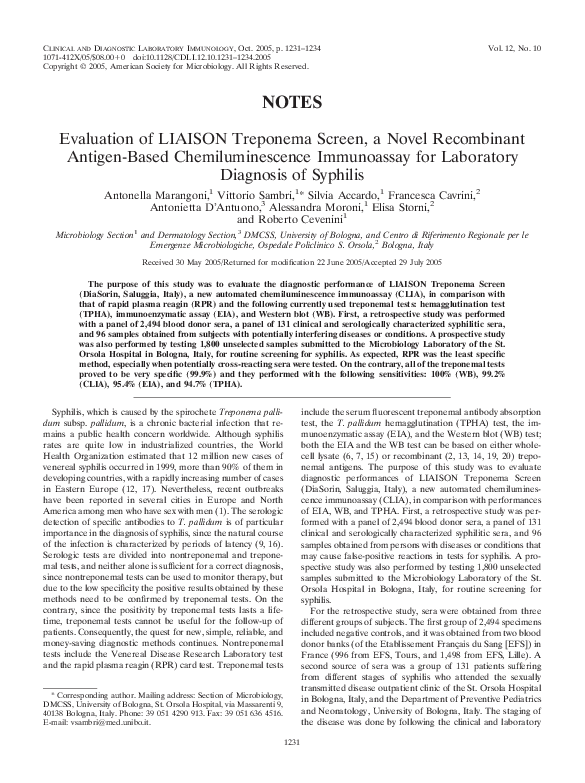 (PDF) Evaluation of LIAISON Treponema Screen, a Novel Recombinant ...