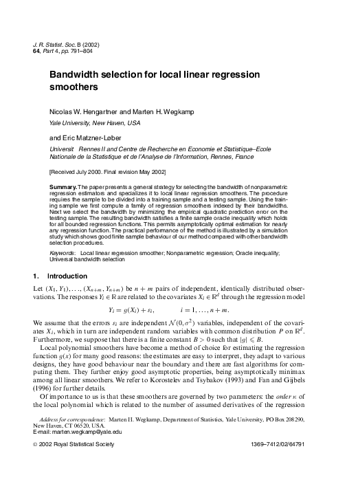 (PDF) Bandwidth selection for local linear regression smoothers
