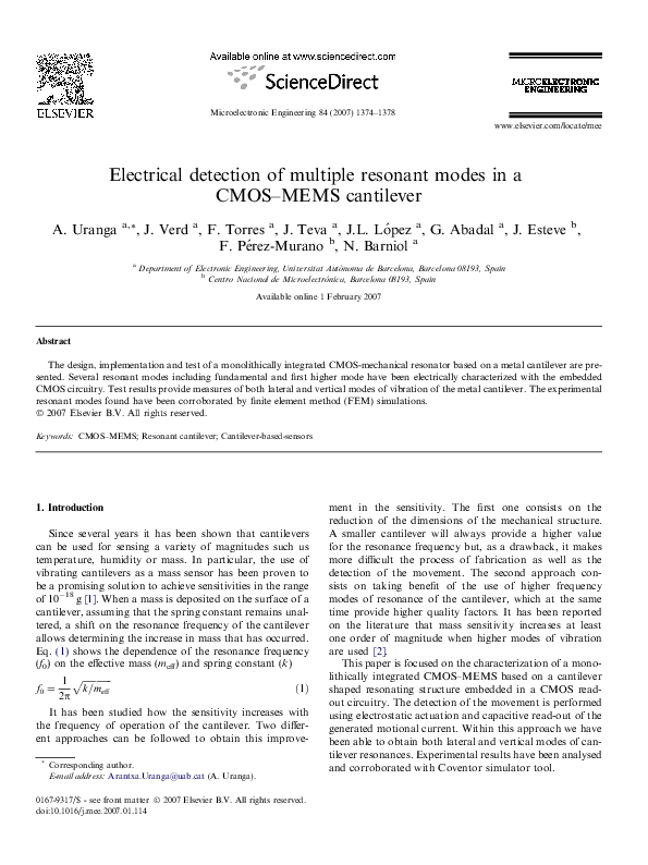 Pdf Electrical Detection Of Multiple Resonant Modes In A Cmosmems