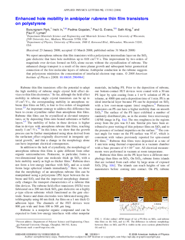 (PDF) Enhanced hole mobility in ambipolar rubrene thin film transistors ...