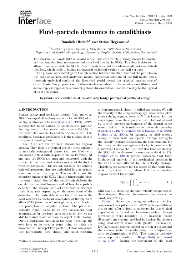 (PDF) Fluid-particle dynamics in canalithiasis