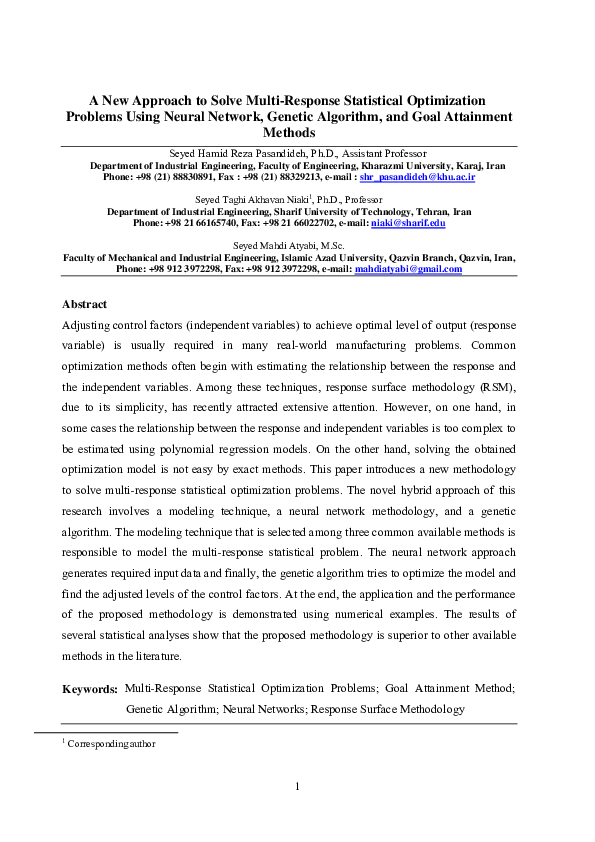 Pdf A New Approach To Solve Multi Response Statistical Optimization Problems Using Neural