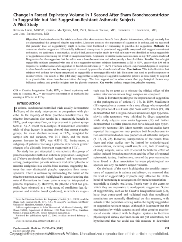 (PDF) Change in Forced Expiratory Volume in 1 Second After Sham ...