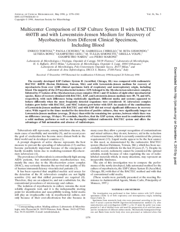 (PDF) Multicenter comparison of ESP Culture System II with BACTEC 460TB ...