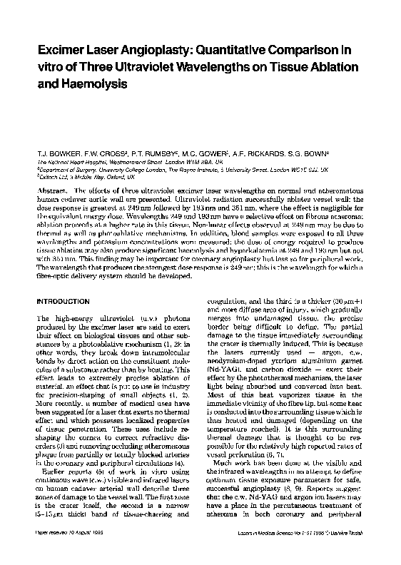 (PDF) Excimer laser angioplasty: Quantitative comparison in vitro of ...