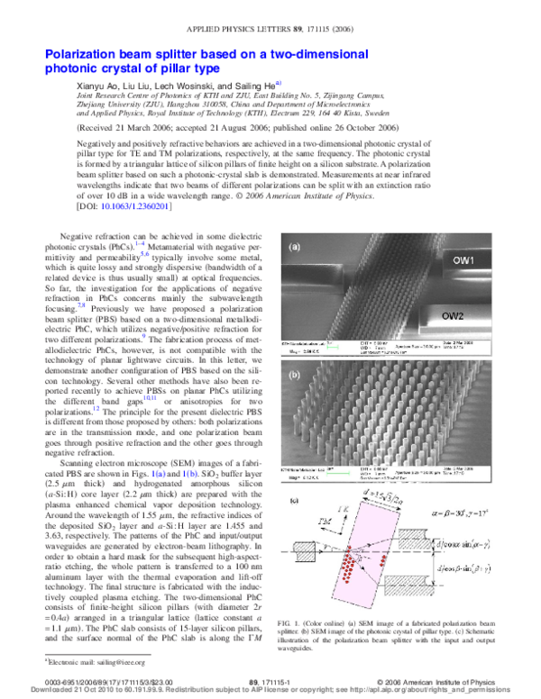 (PDF) Polarization beam splitter based on a two-dimensional photonic crystal of pillar type