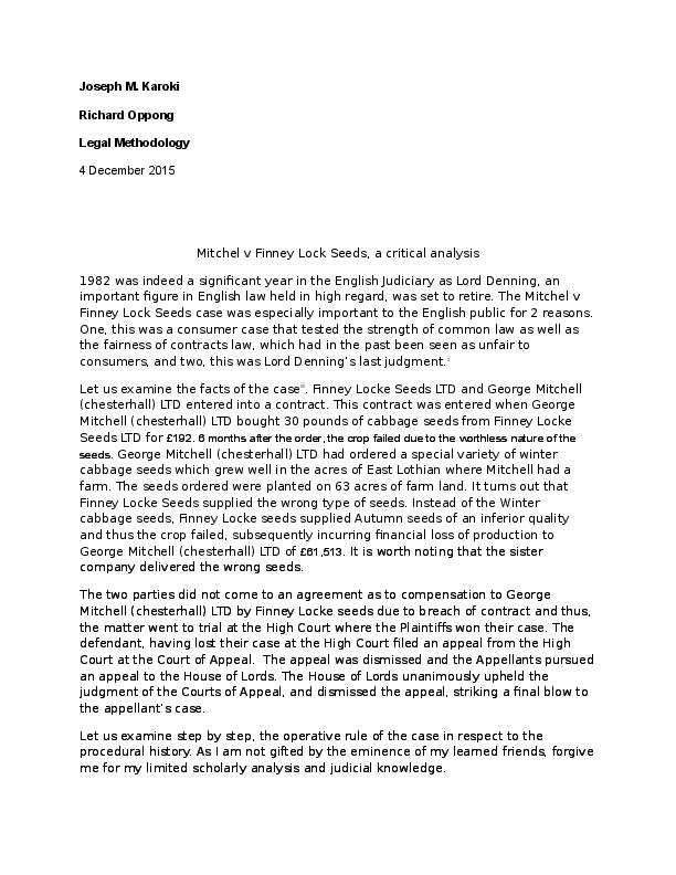 (DOC) Mitchell v Finney Lock Seeds, a critical analysis