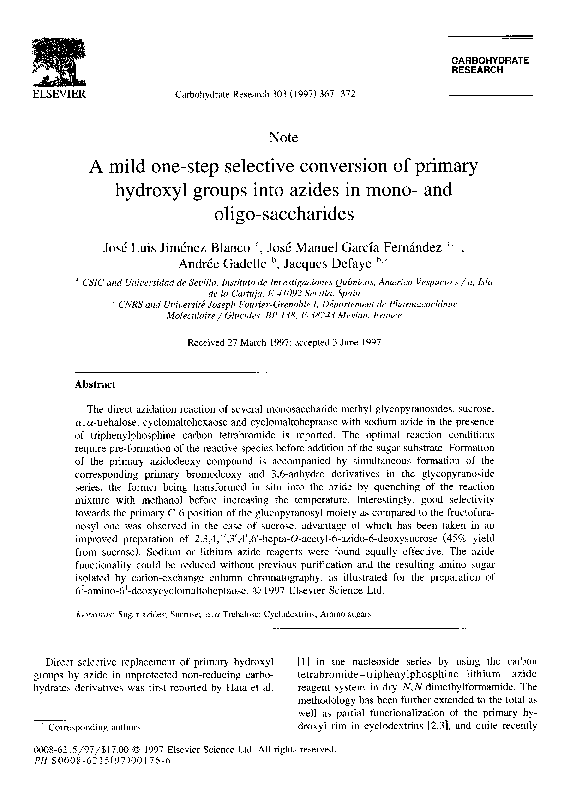 (PDF) A mild one-step selective conversion of primary hydroxyl groups ...