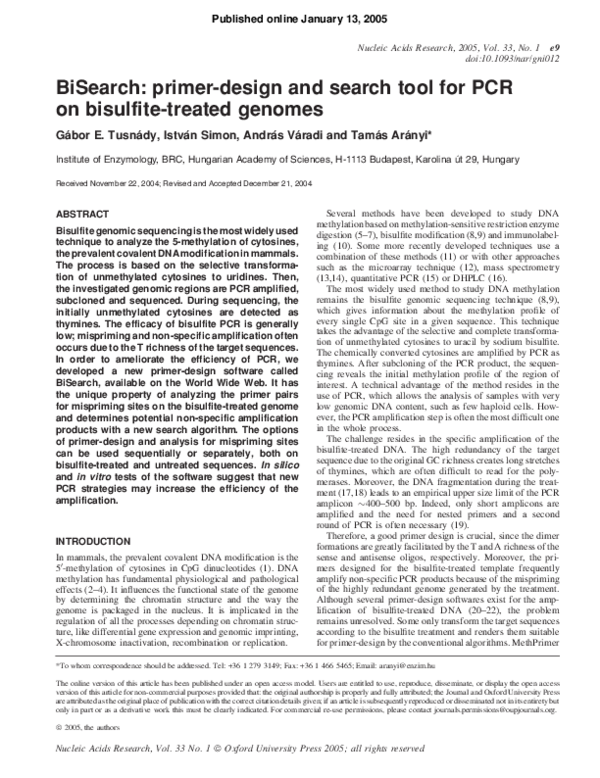 (PDF) BiSearch: primer-design and search tool for PCR on bisulfite ...