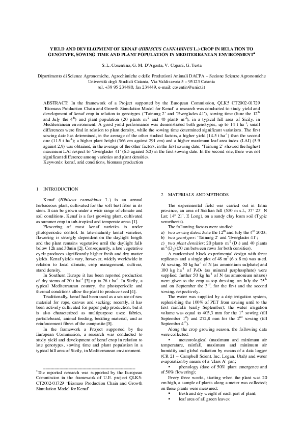 (PDF) YIELD AND DEVELOPMENT OF KENAF (HIBISCUS CANNABINUS L.) CROP IN ...