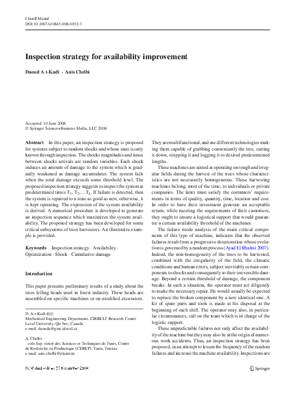(PDF) Inspection strategy for availability improvement
