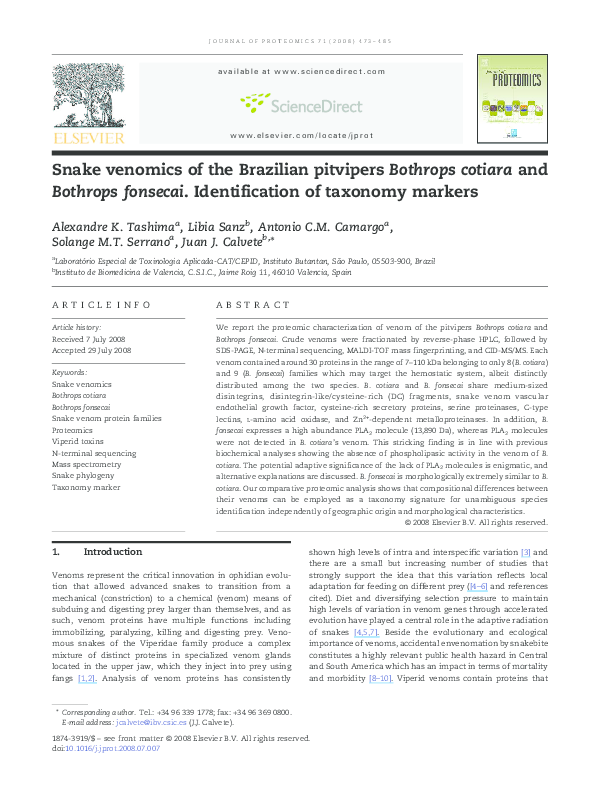 (PDF) Snake venomics of the Brazilian pitvipers Bothrops cotiara and ...