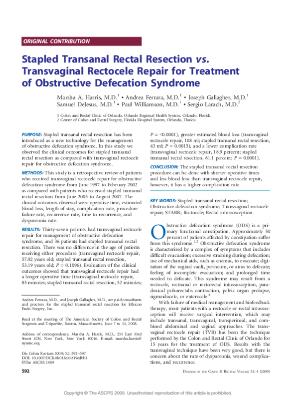 (PDF) Stapled Transanal Rectal Resection vs. Transvaginal Rectocele ...