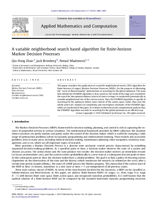 (PDF) A variable neighborhood search based algorithm for finite-horizon Markov Decision Processes