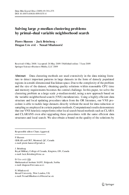 Pdf Solving Large P Median Clustering Problems By Primaldual