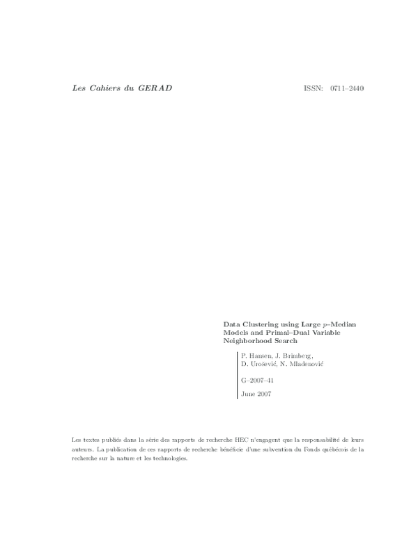 Pdf Data Clustering Using Large Pmedian Models And Primaldual Variable Neighborhood Search
