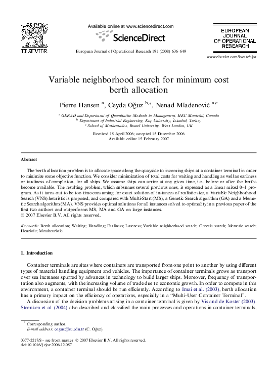 (PDF) Variable neighborhood search for minimum cost berth allocation