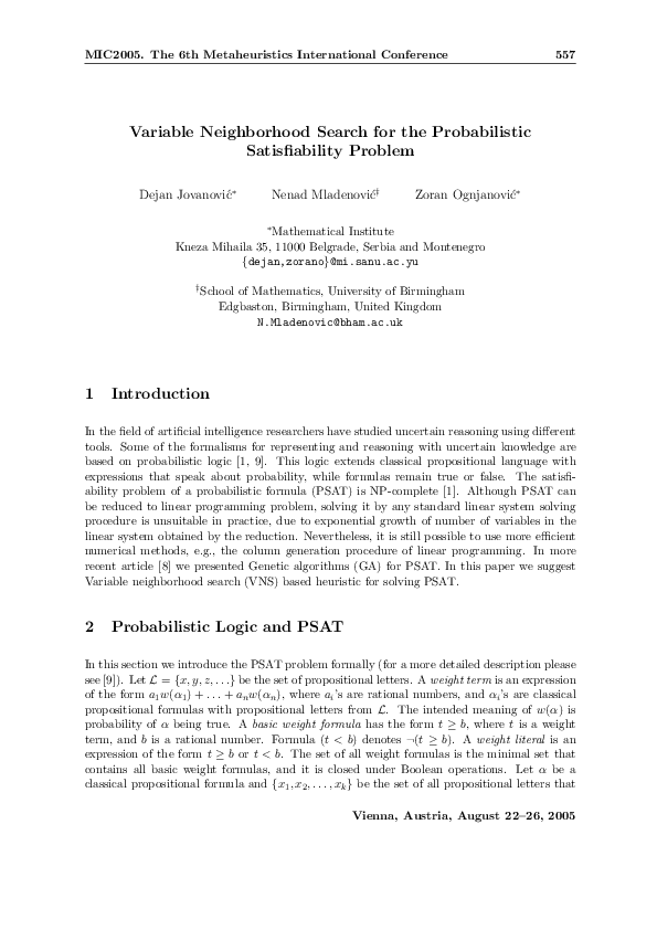 (PDF) Variable Neighborhood Search for the Probabilistic Satisfiability Problem