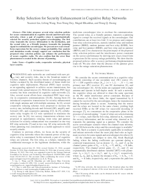 Pdf Relay Selection For Security Enhancement In Cognitive Relay Networks