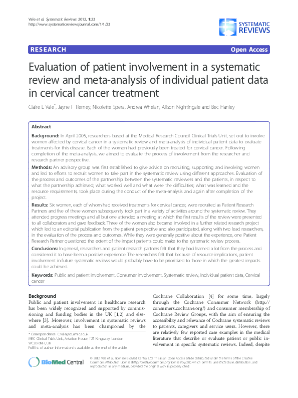 (PDF) Evaluation of patient involvement in a systematic review and meta ...