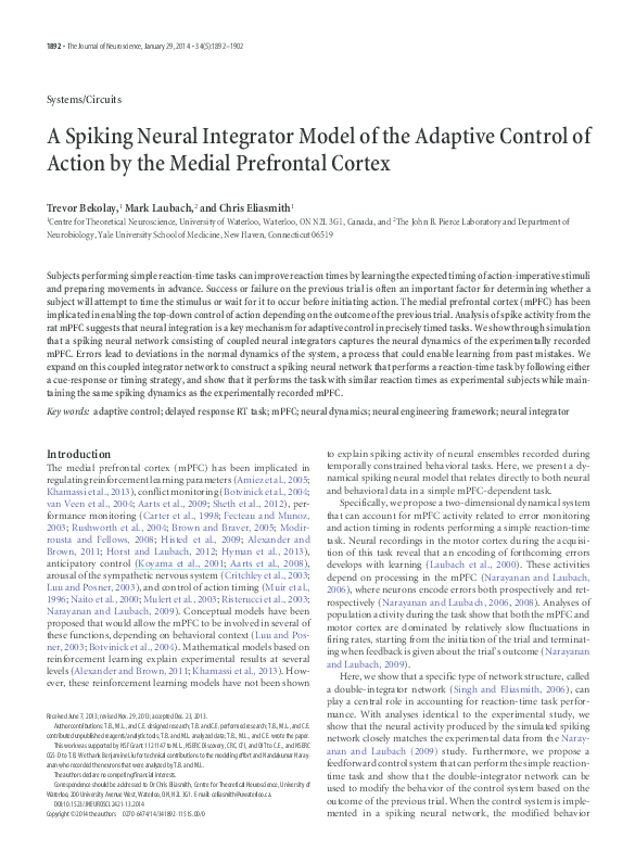 (PDF) A Spiking Neural Integrator Model of the Adaptive Control of Action by the Medial ...
