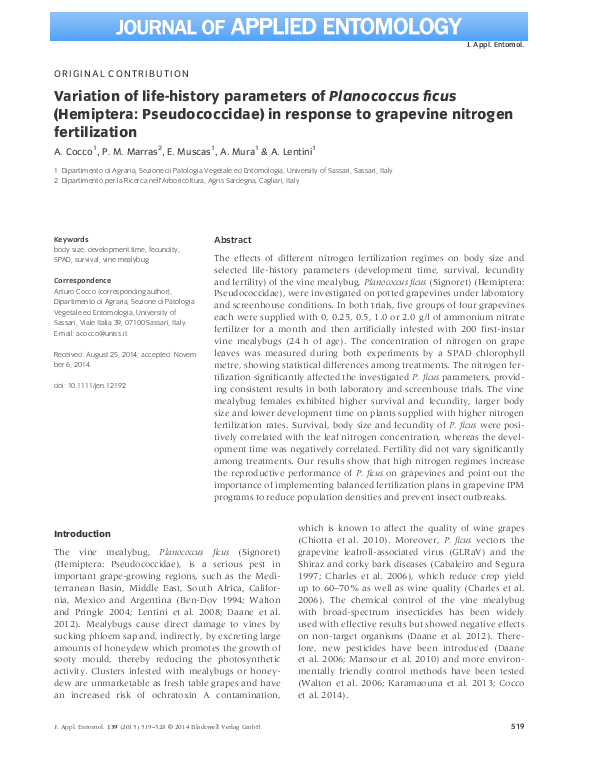 (PDF) Variation of life-history parameters of Planococcus ficus ...